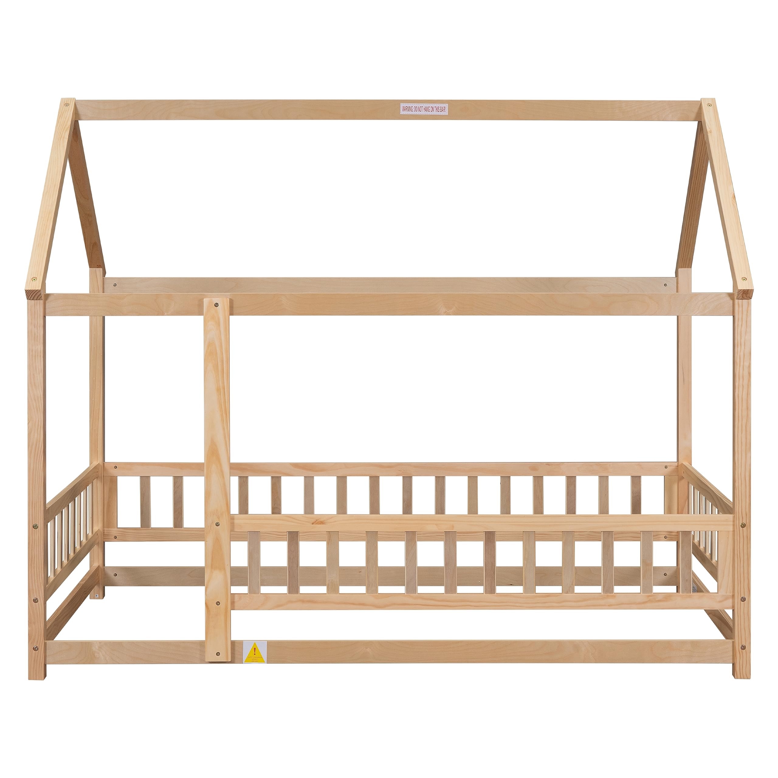 Bellemave Twin Size House Floor Bed Frame,Wooden Montessori Floor Bed with Fence for Kids,Twin Size Kids Bed,Natural