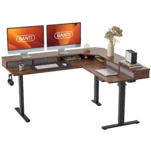 banti 63" l-shaped electric standing desk,height adjustable stand up desk with 3 drawer,corner stand up desk, black walnut top