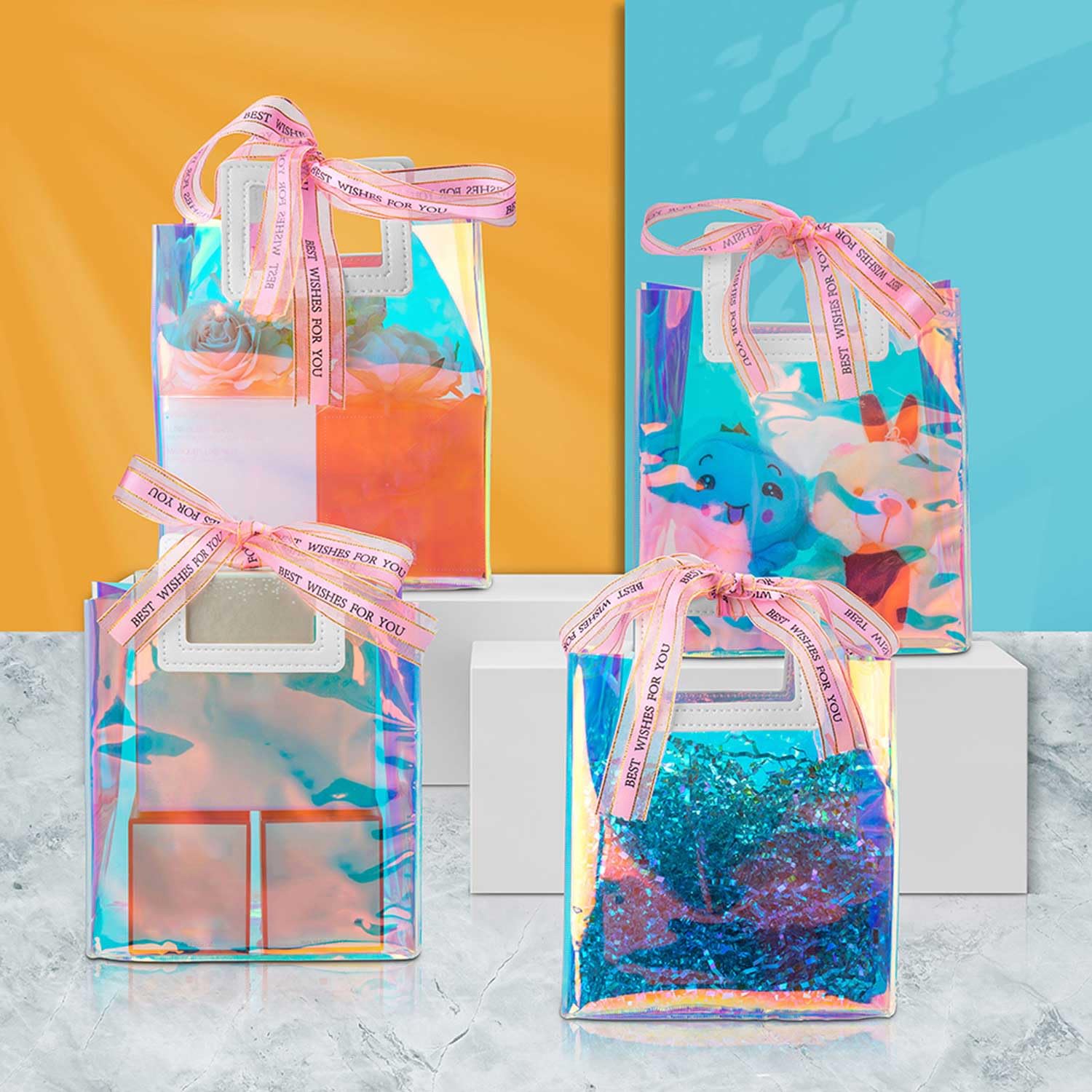 Caleihd 6PCS Holographic Clear Gift Bags with Tissue Paper, 7.9 * 7.1 * 3.9 inch Gift Bags with Handles,Treat Bags Goody Bags,for Christmas, Birthday Party, Weeding Gift Bags Party Supplies