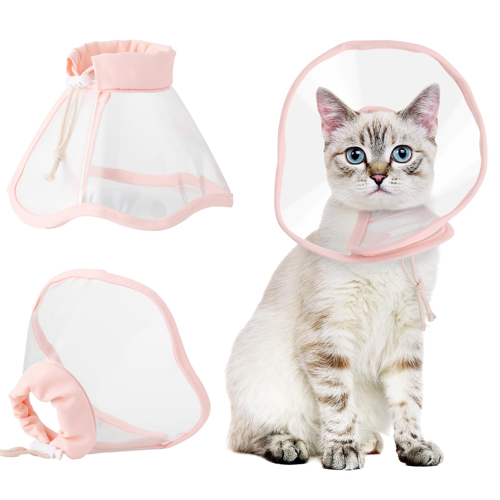 BENCMATE Cat Cone, Drawstrings Cat Cone Collar with Low Noise Fasteners, Transparent Cat Recovery Collar, Licking and Scratching Free Cone, Extra Soft Cat Surgery Collar (Pink,Small)