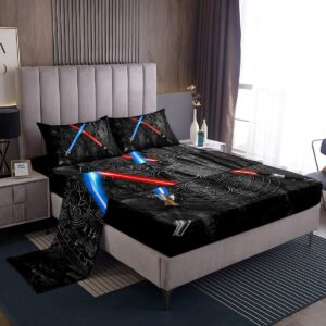 lightsaber bed sheets twin size 3d neon blue red bedding set 3pcs geometric sun moon round sheet set for kids boys girls teens room decor fashion vintage stone wall fitted + flat sheet,black