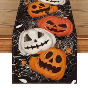 artoid mode black pumpkins spider web halloween table runner, seasonal fall kitchen dining table decoration for home party decor 13x72 inch