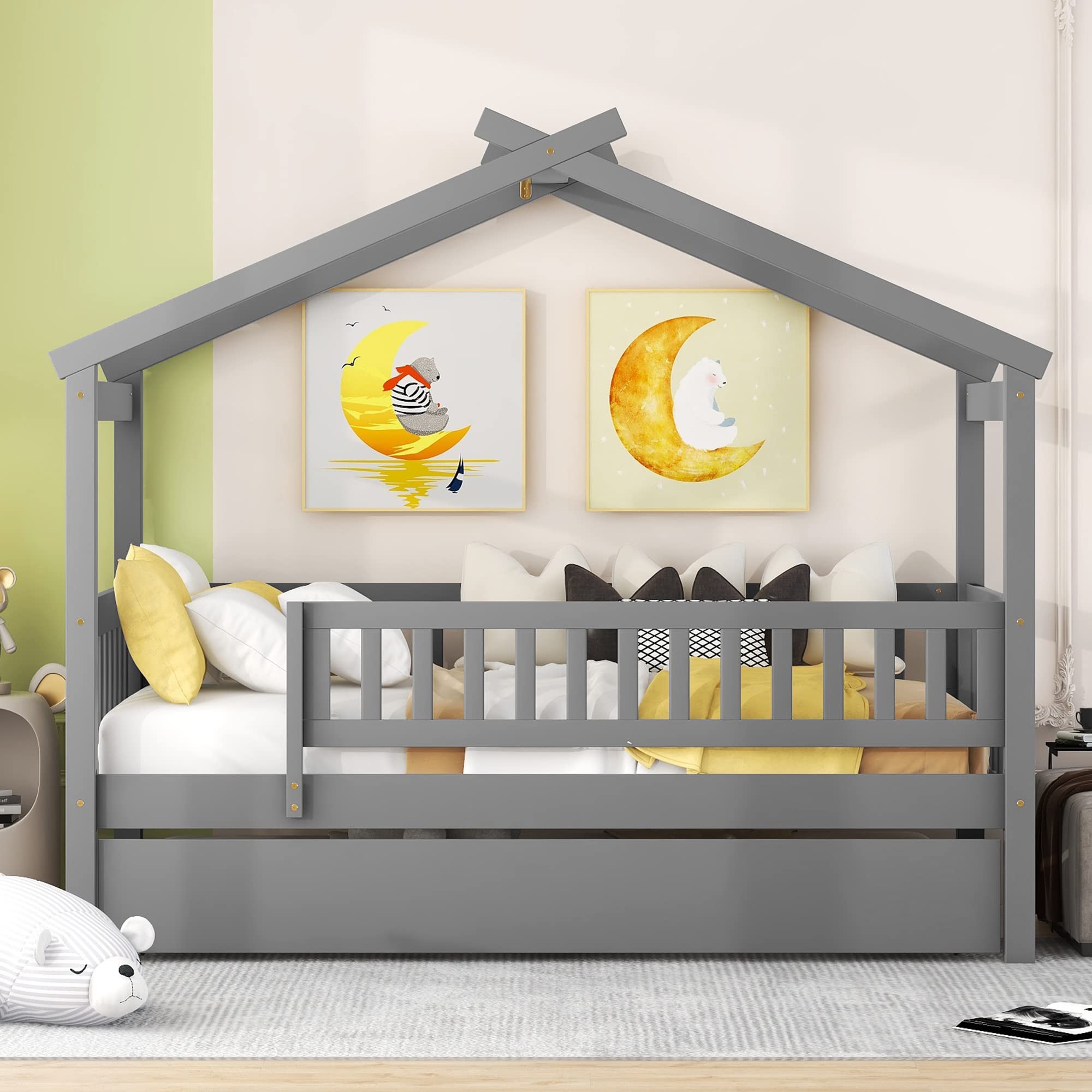 BestLM Twin Size Wooden House Bed with Twin Size Trundle for Kids, Wood Platform Bed Frame with Fence, Roof, and Safety Guardrail for Kids, Teens, Girls, Boys, Gray