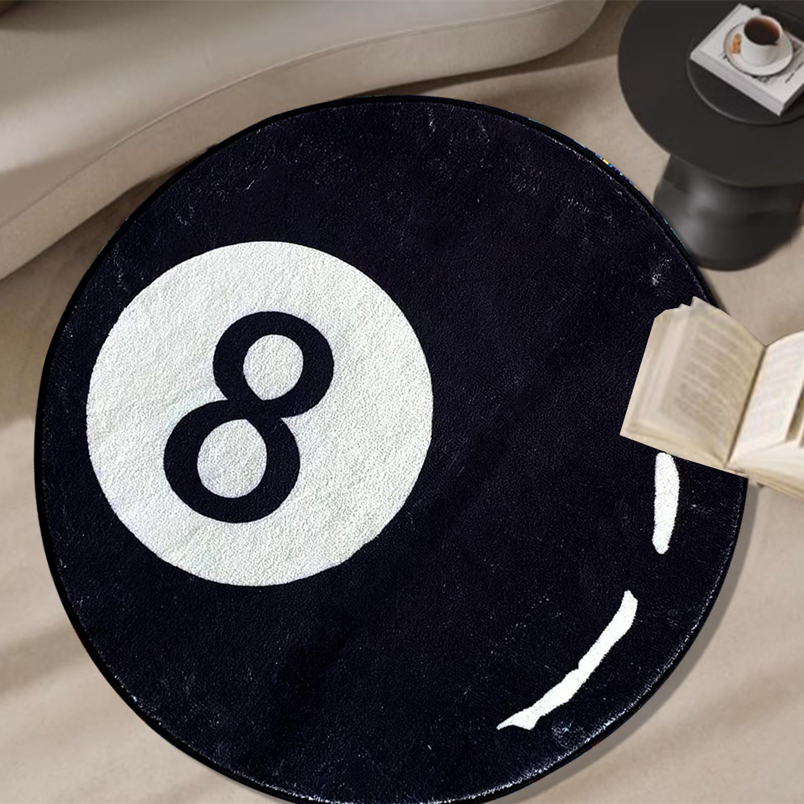 8 Ball Rug 24/32in Black Round Rug, Non-slip TPE bottom, Interesting and Unique Area Rug for Bedroom, Living room, Bathroom Front door floor mat decoration, Gift for billiard lovers. (40in)