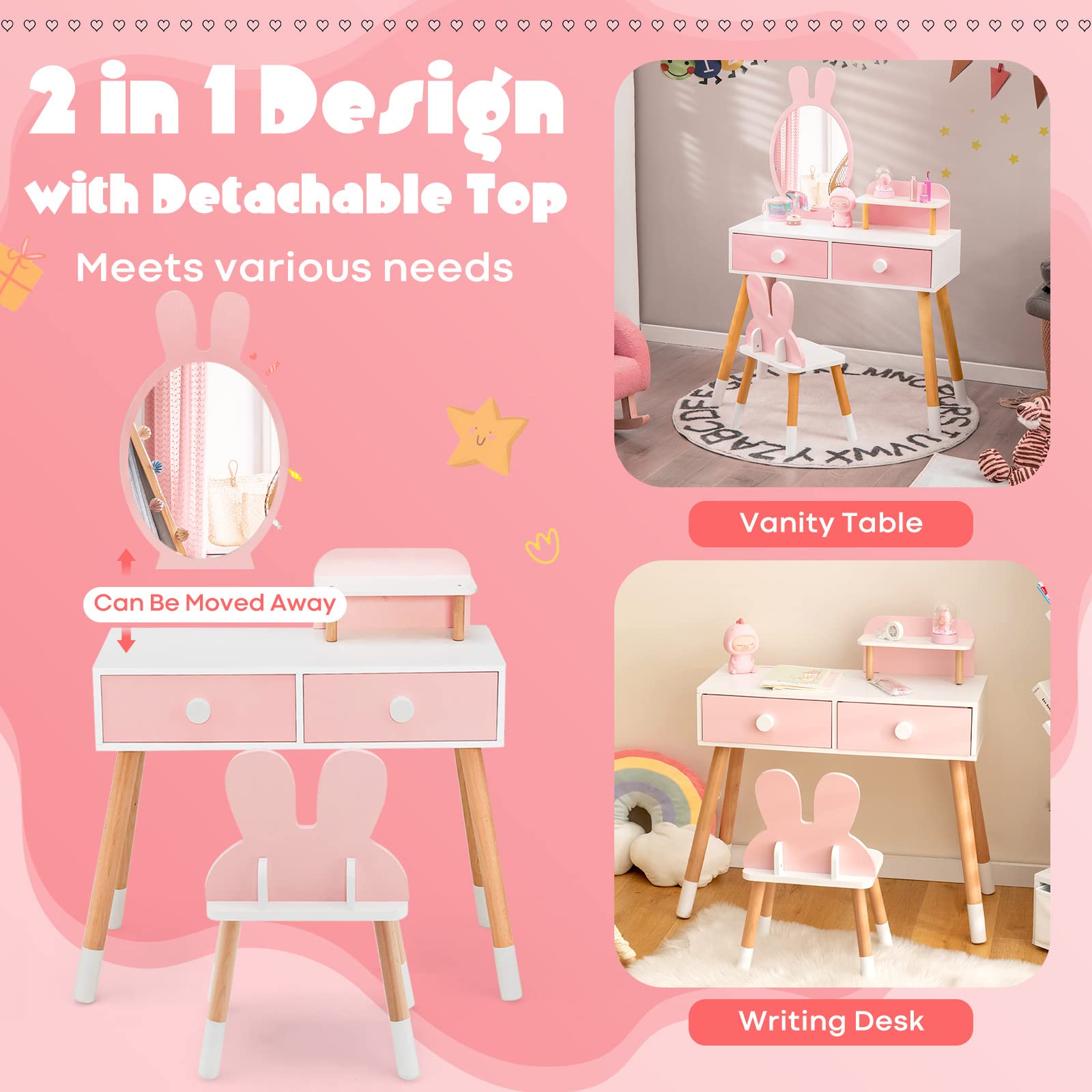 HONEY JOY Kids Vanity, Rabbit Themed Toddler Wooden Makeup Table and Chair Set w/2 Large Drawers, Beech Wood Legs, Princess Dressing Beauty Table, Girls Vanity Set with Mirror and Stool (Pink)