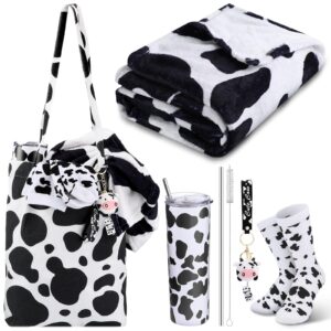 yaomiao 5 pcs cow gifts sets for women mom including 20 oz cow pattern stainless steel tumbler with lid straw cow tote bag cow warm throw blanket keychain cotton animal pattern socks(black white)