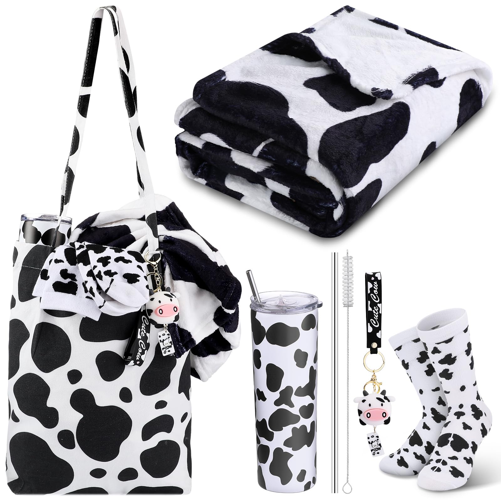 Yaomiao 5 Pcs Cow Gifts Sets for Women Mom Including 20 oz Cow Pattern Stainless Steel Tumbler with Lid Straw Cow Tote Bag Cow Warm Throw Blanket Keychain Cotton Animal Pattern Socks(Black White)