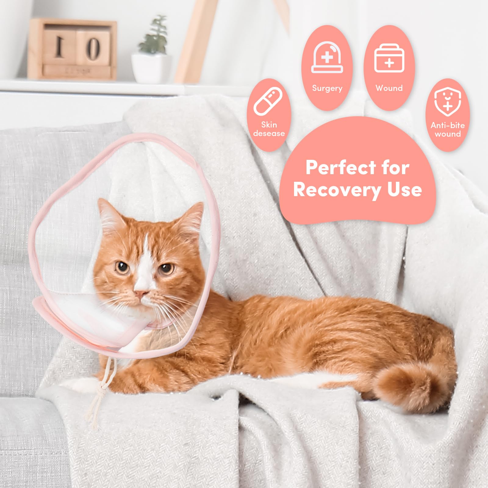 BENCMATE Cat Cone, Drawstrings Cat Cone Collar with Low Noise Fasteners, Transparent Cat Recovery Collar, Licking and Scratching Free Cone, Extra Soft Cat Surgery Collar (Pink,Small)