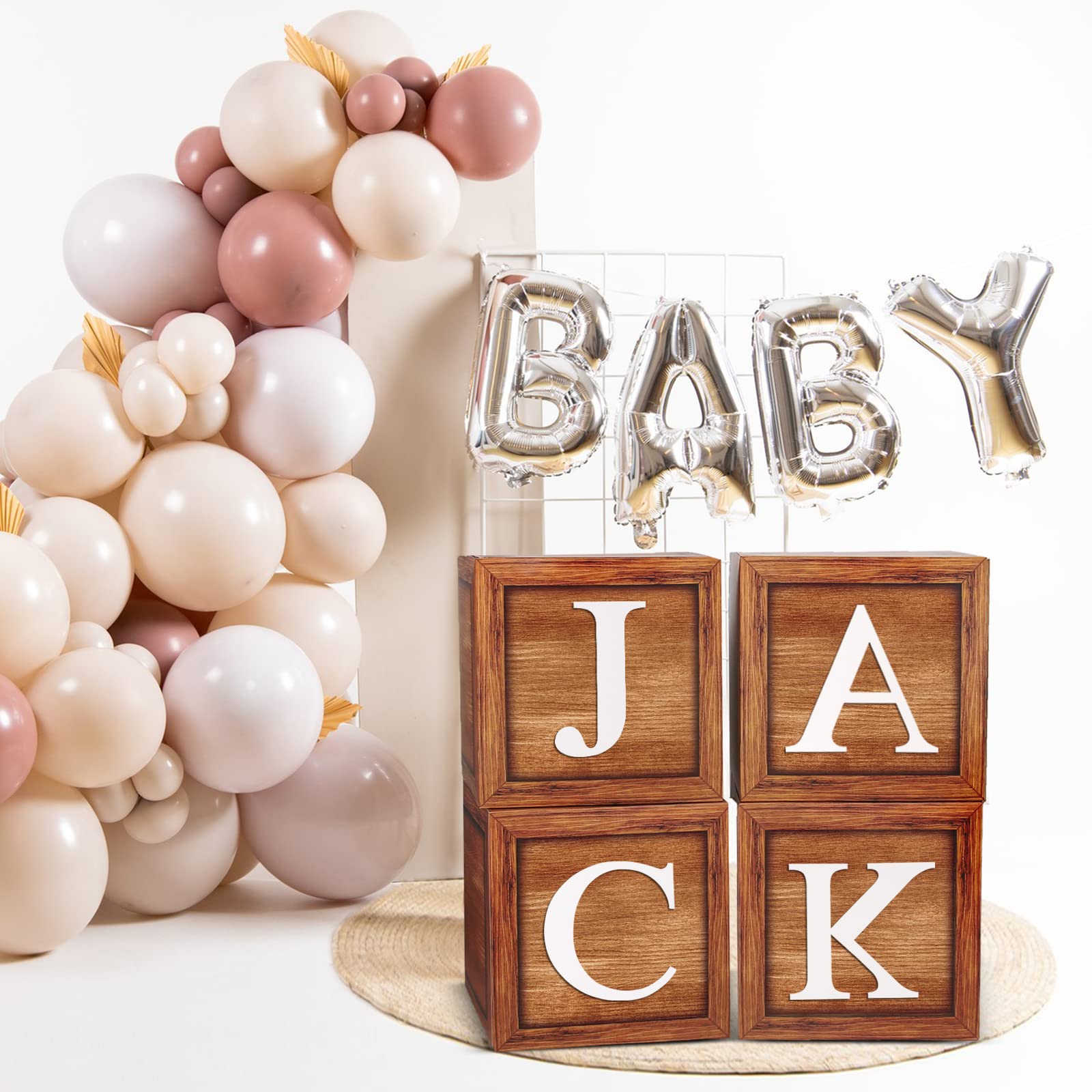 Baby Shower Decorations Boxes with 27 letters - 4 Wood Grain Brown Blocks with 27 Letters, First Birthday Centerpiece Decor, Teddy Bear Baby Shower Supplies, Gender Reveal Backdrop