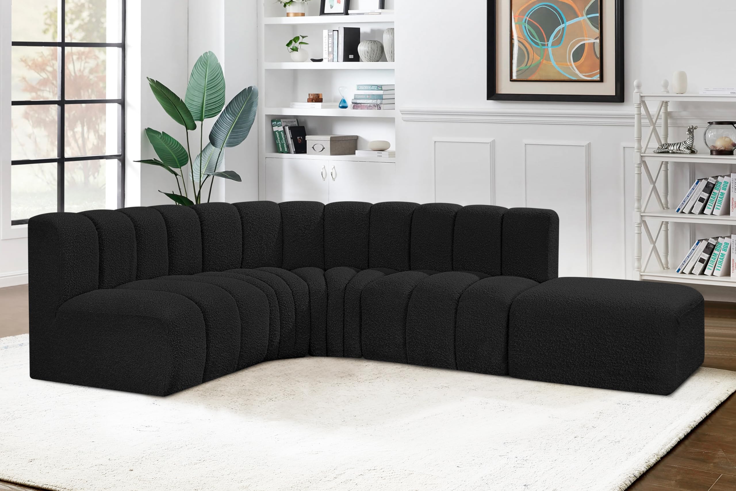 Meridian Furniture 102Black-S5C Arc Collection Modern | Contemporary Modular Sofa with Rich Black Boucle Fabric, Deep Channel Tufting, Modular Design, 127" W x 61" D x 30" H, Black