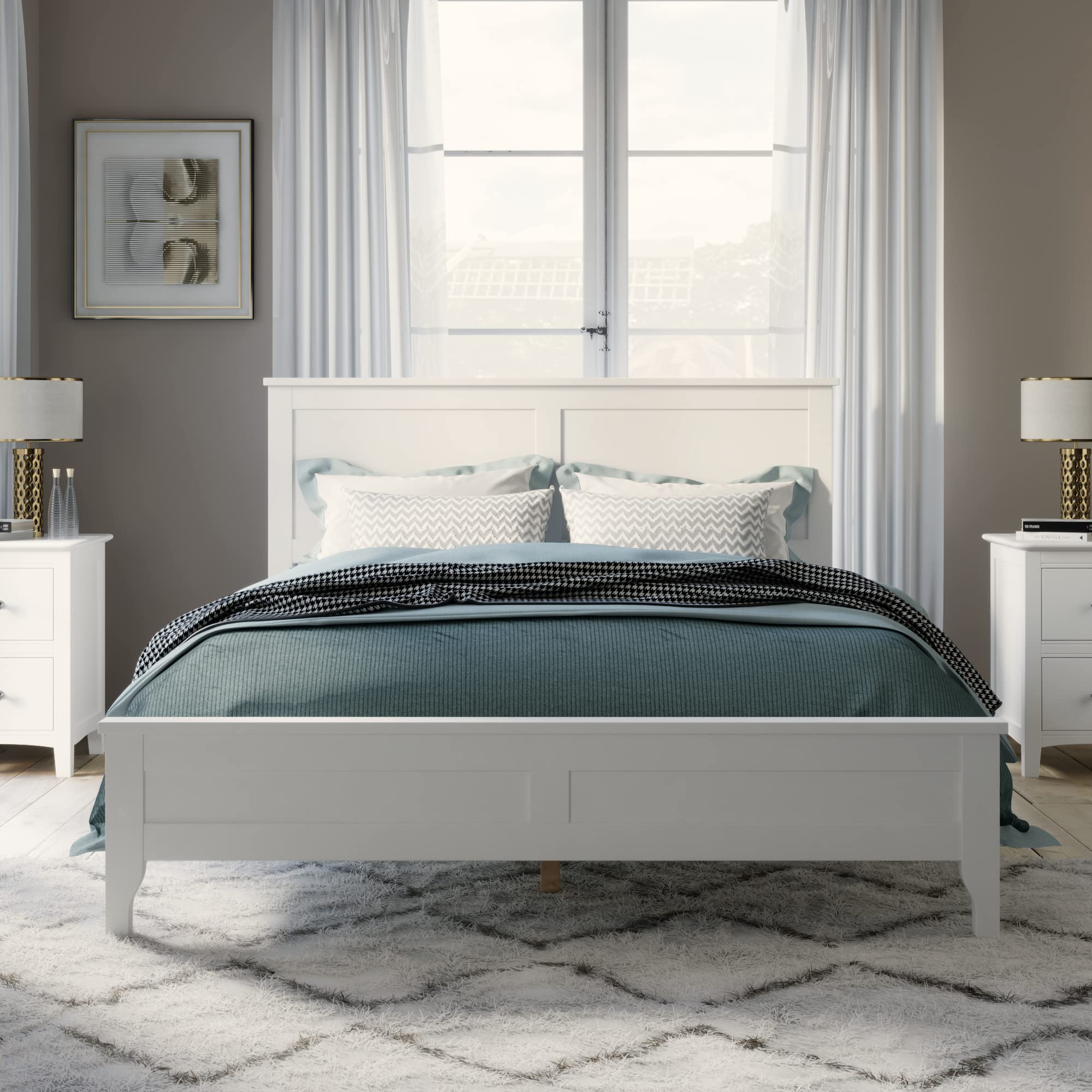 LZ LEISURE ZONE Full Size Platform Bed, Modern Solid Wood Full Platform Bed Frame, No Box Spring Needed, White