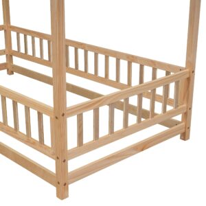 Bellemave Twin Size House Floor Bed Frame,Wooden Montessori Floor Bed with Fence for Kids,Twin Size Kids Bed,Natural