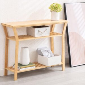 nnewvante bamboo console table behind couch, entryway table with shelves, 3 tier narrow sofa table for hallway, living room, foyer 38.6"x11.8"