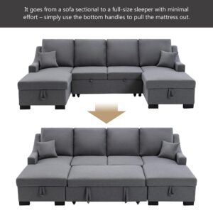 LUMISOL U Shape Sleeper Sectional Sofa, Convertible Sofa Bed with Double Storage Chaise, Modern Upholstered Sofa Couch with Pull Out Sofa Bed and 2 Tossing Cushions for Living Room Apartment, Grey