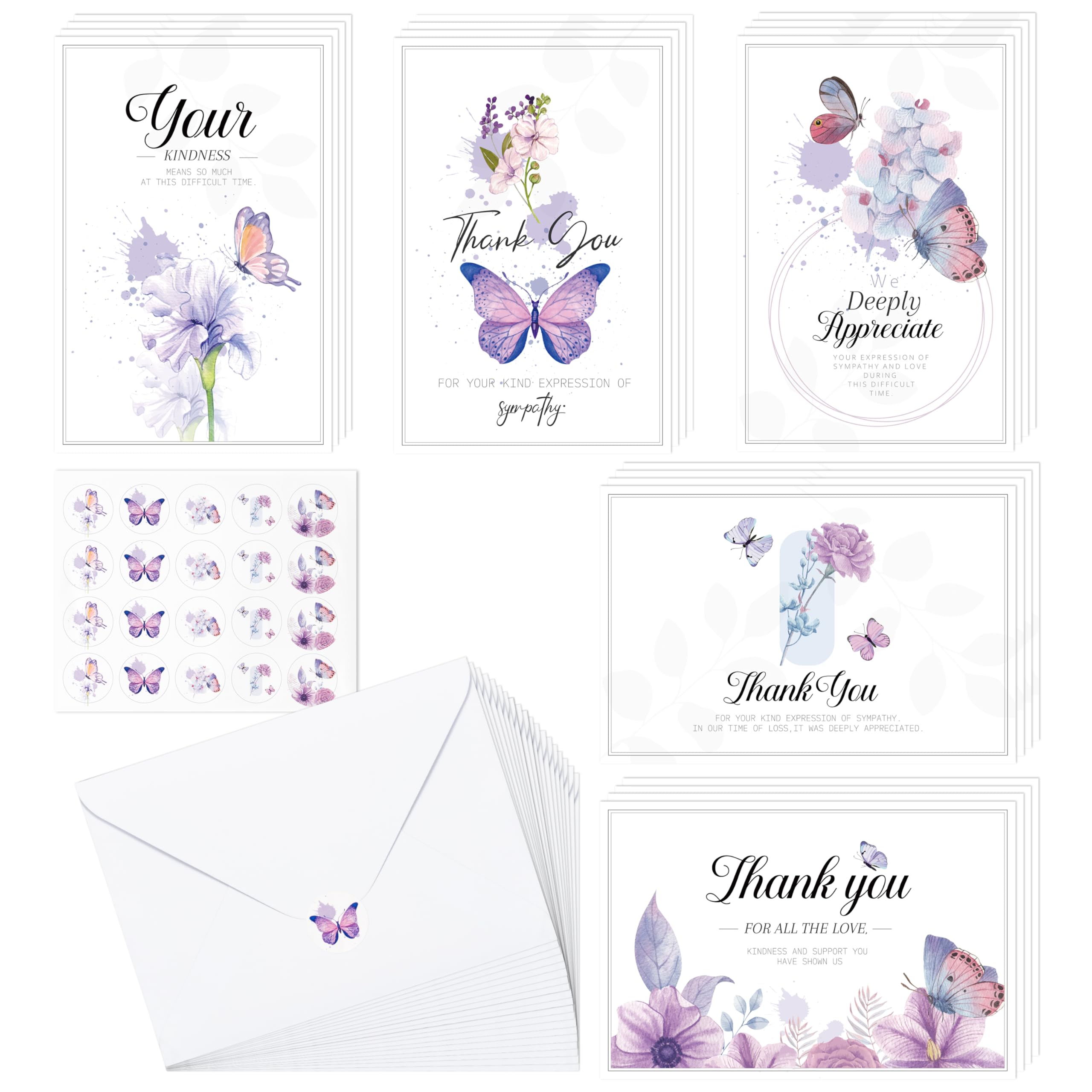 WATINC 60pcs Funeral Thank You Cards with Envelopes and Stickers, Purple Butterfly Bereavement Card Express Your Condolences, Memorial Sympathy Cards with Message Inside for Beloved Friends Family