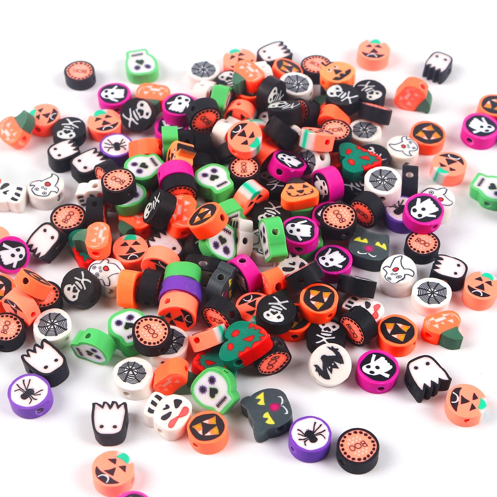 MAIOUSU STORE 200PCS Random Halloween Polymer Clay Beads Heishi Spacer Beads Fall Halloween Clay Bead Set Assorted Pumpkin Ghost Spider Bat Clay Beads for Bracelet Necklace Earring DIY