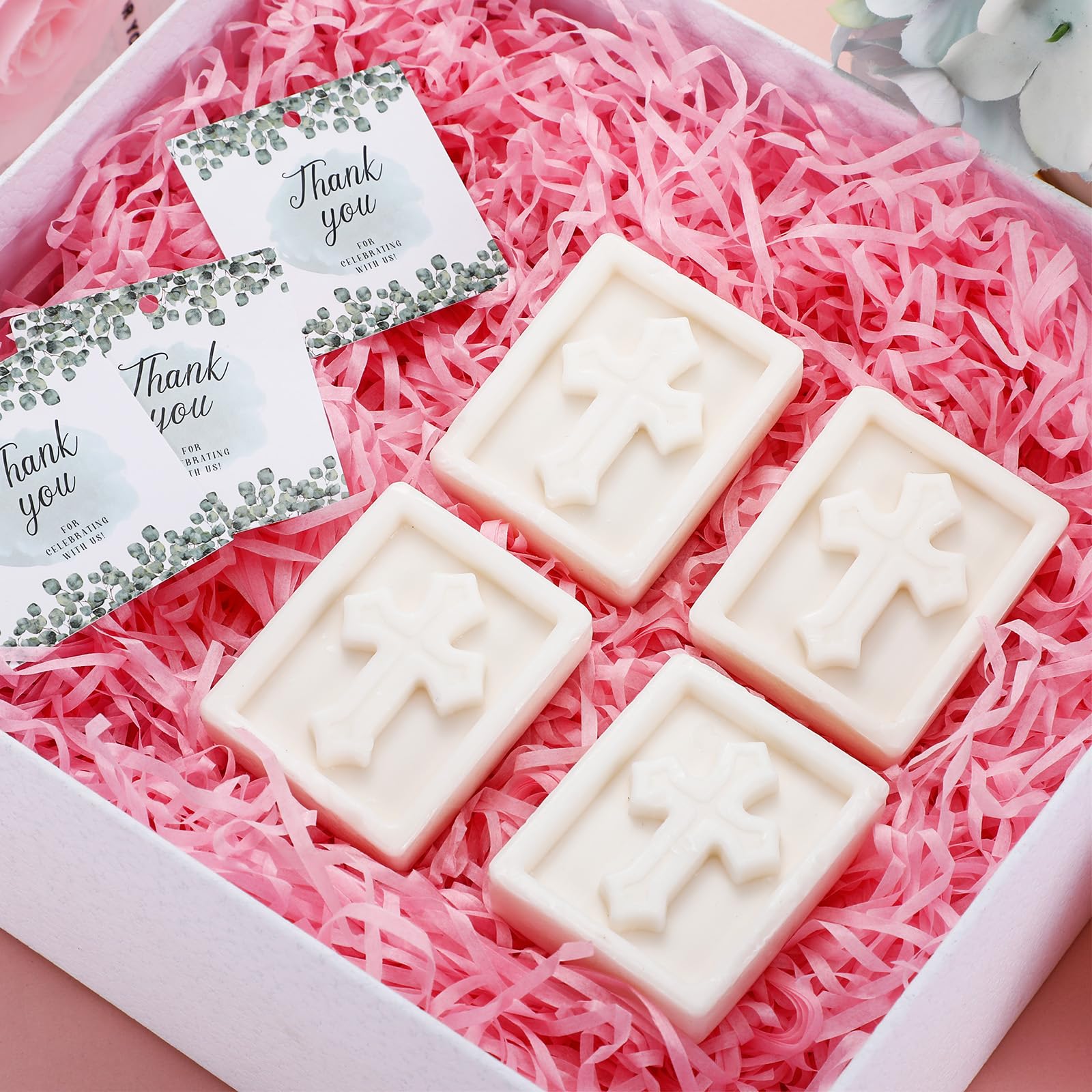 Dansib 240 Pcs Cross Soap Baptism Favors Set, 80 Pcs Scented Soap Favors 80 Pcs Bags and 80 Pcs Cards Baby Baptism Favor for Baby Shower Christening Communion Wedding Bridal Party Guests Decoration