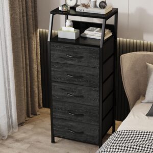 Black Dresser for Bedroom, Storage Organizer with 5 Drawers, Vertical Fabric Storage Tower, Clothes Closet Units for Kids Room, Entryway, Nightstand Bedside Table, Sturdy Steel Frame & Wooden Top