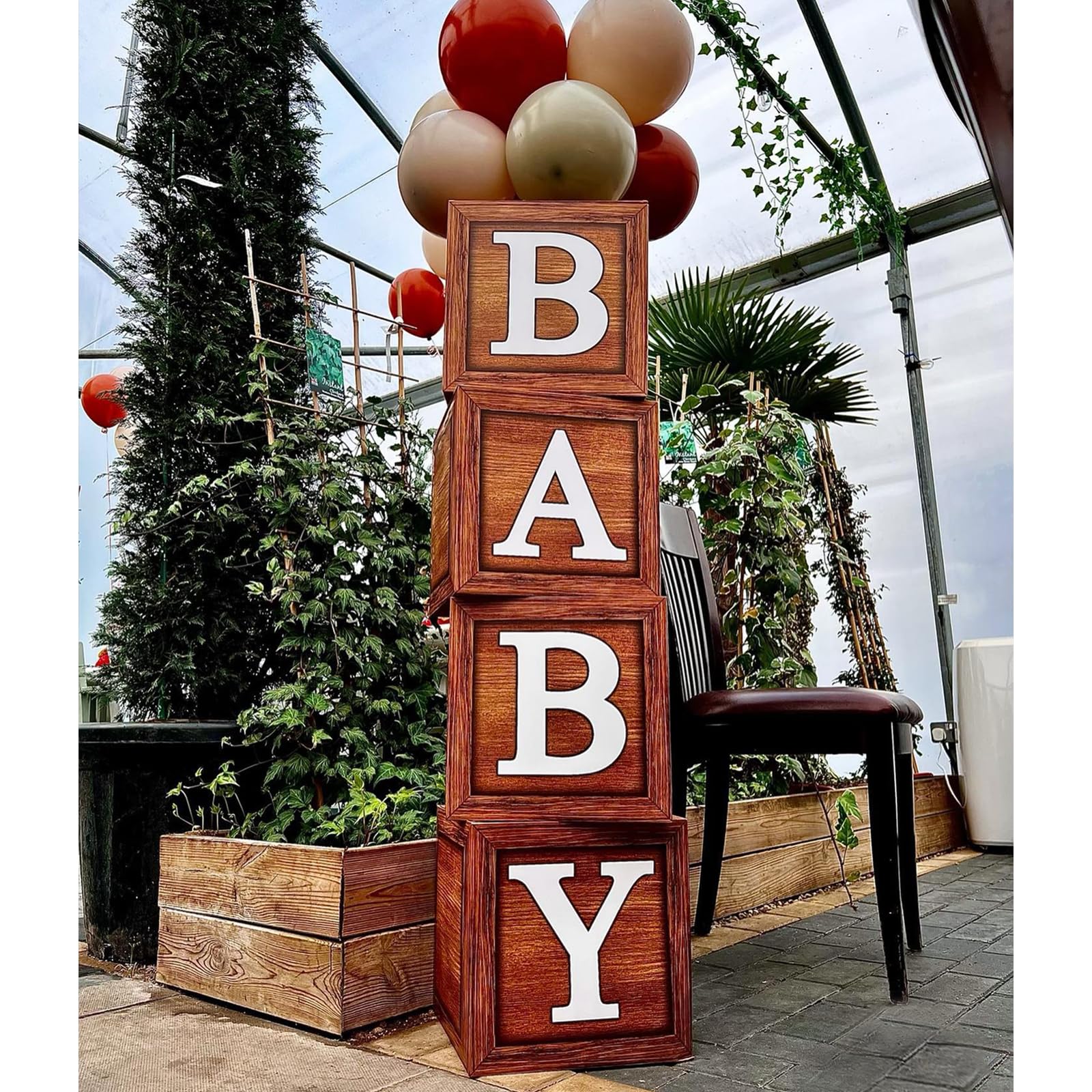 Baby Shower Decorations Boxes with 27 letters - 4 Wood Grain Brown Blocks with 27 Letters, First Birthday Centerpiece Decor, Teddy Bear Baby Shower Supplies, Gender Reveal Backdrop