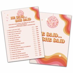 disco wedding shower games, he said she said bridal shower games cards, retro bachelorette party game ideas, engagement party supplies & activity, set of 30 cards -b06