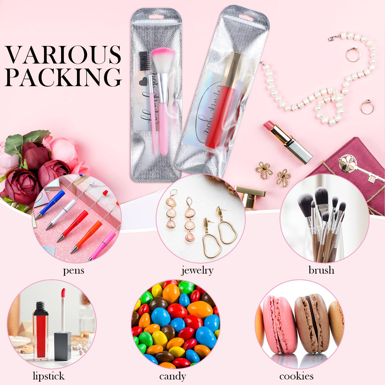 Yeaqee 200 Pcs Resealable Pouch Bags with Thank You Cards 100 Pcs Pen Bags Window Disposable Packaging Bags for Jewelry Food 100 Pcs Holographic Thank You Greeting Cards for Thanksgiving Gift