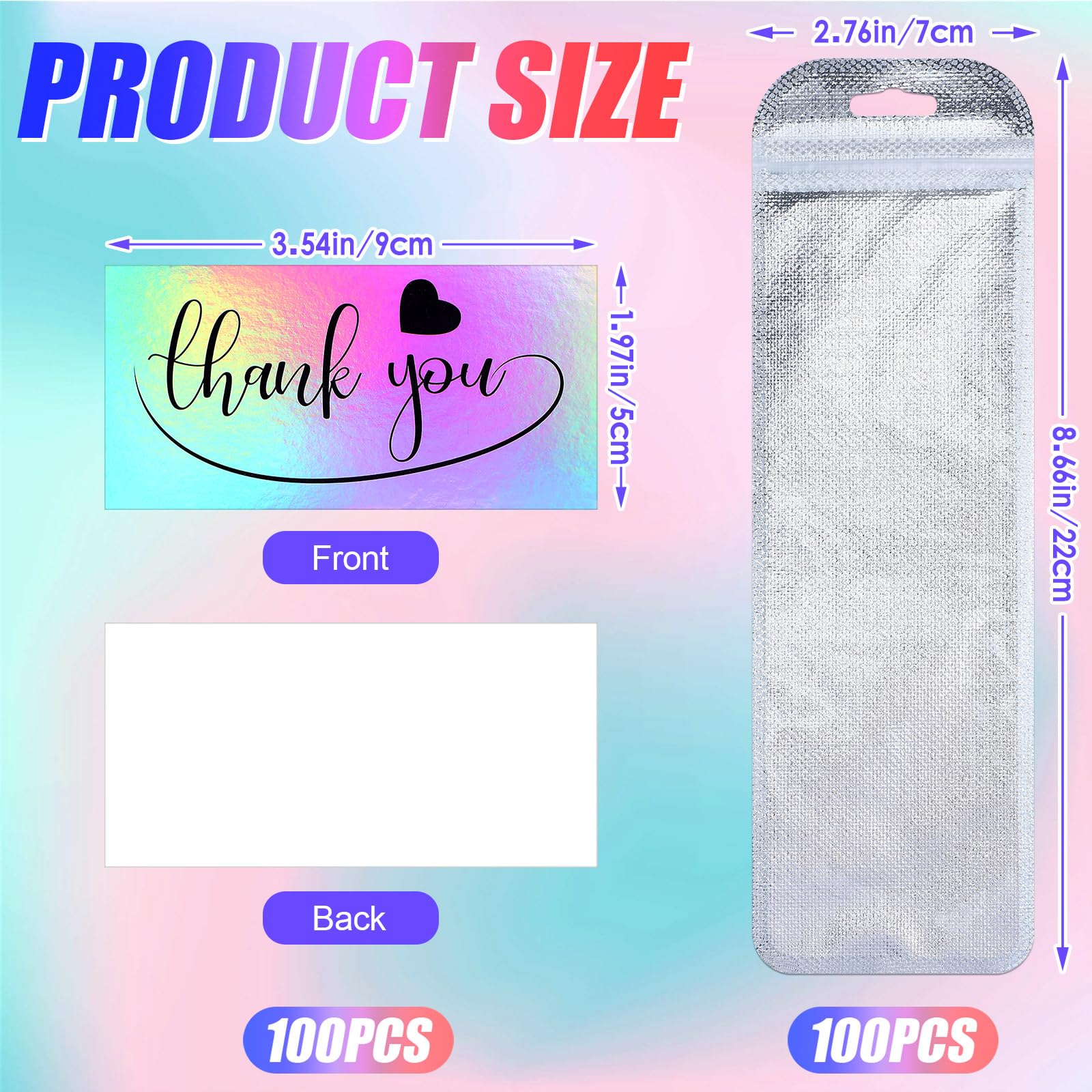 Yeaqee 200 Pcs Resealable Pouch Bags with Thank You Cards 100 Pcs Pen Bags Window Disposable Packaging Bags for Jewelry Food 100 Pcs Holographic Thank You Greeting Cards for Thanksgiving Gift