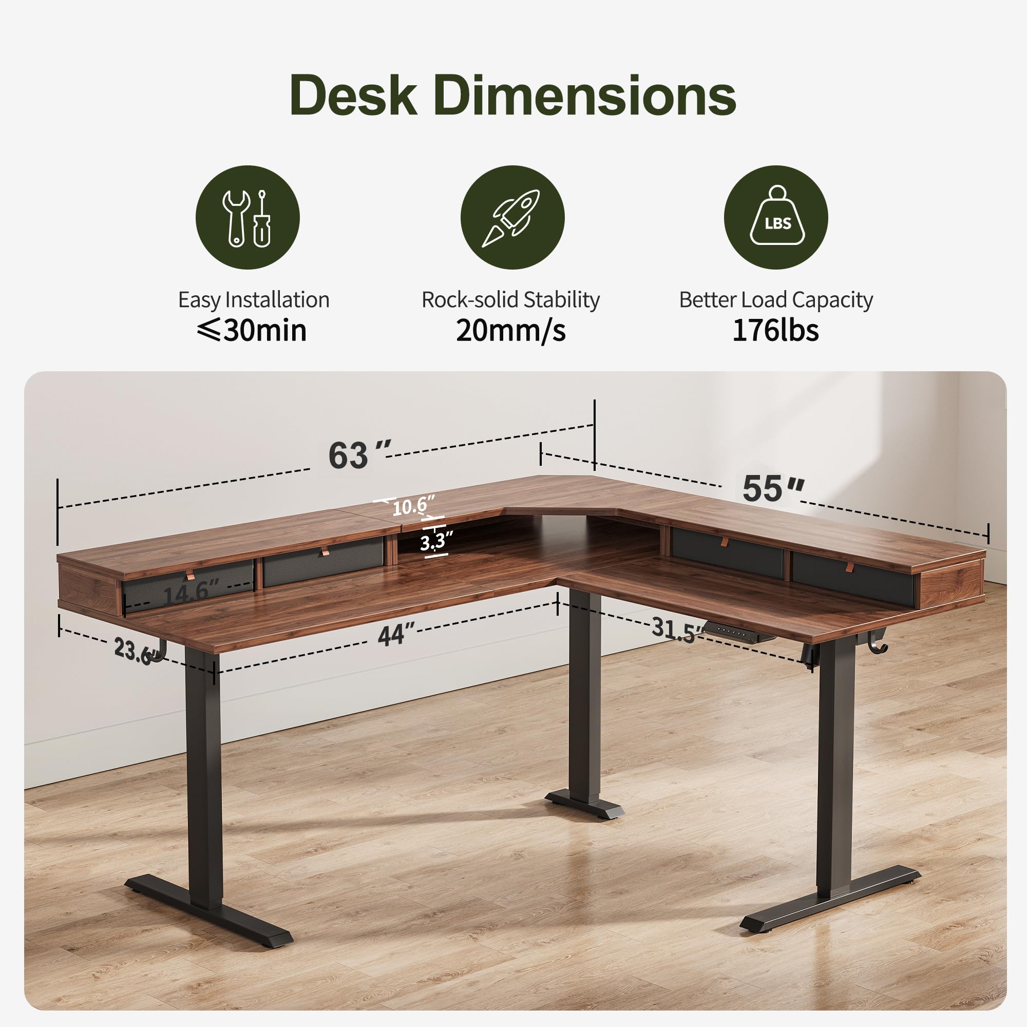 BANTI 63" L-Shaped Electric Standing Desk,Height Adjustable Stand up Desk with 3 Drawer,Corner Stand up Desk, Black Walnut Top