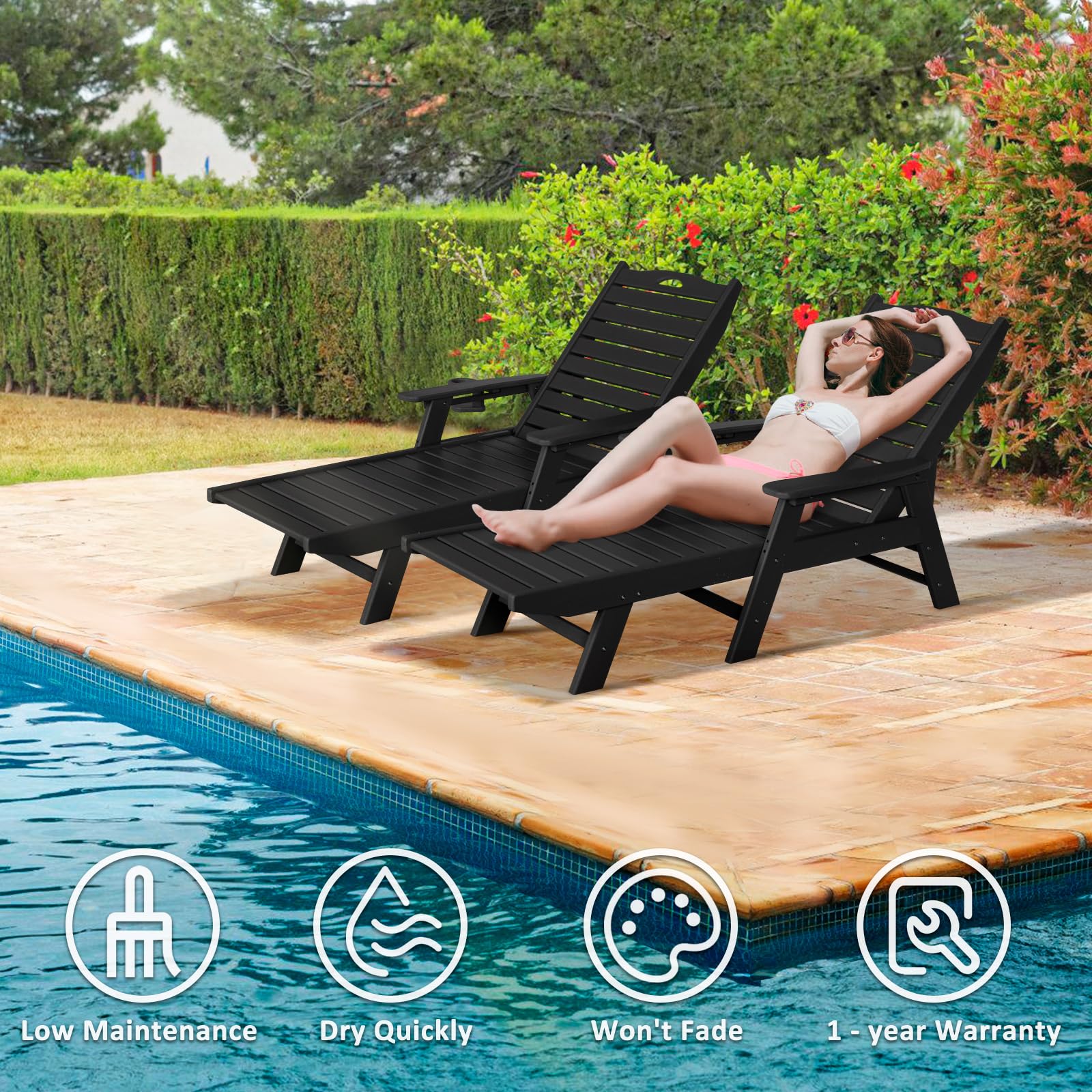 nalone Chaise Lounge Set of 2 Outdoor with 5-Position Adjustable Backrest, HDPE Lounge Chair for Outside Supports Up to 400 LBS, Pool Lounge Chairs for Patio Poolside Deck Beach Backyard (Black)