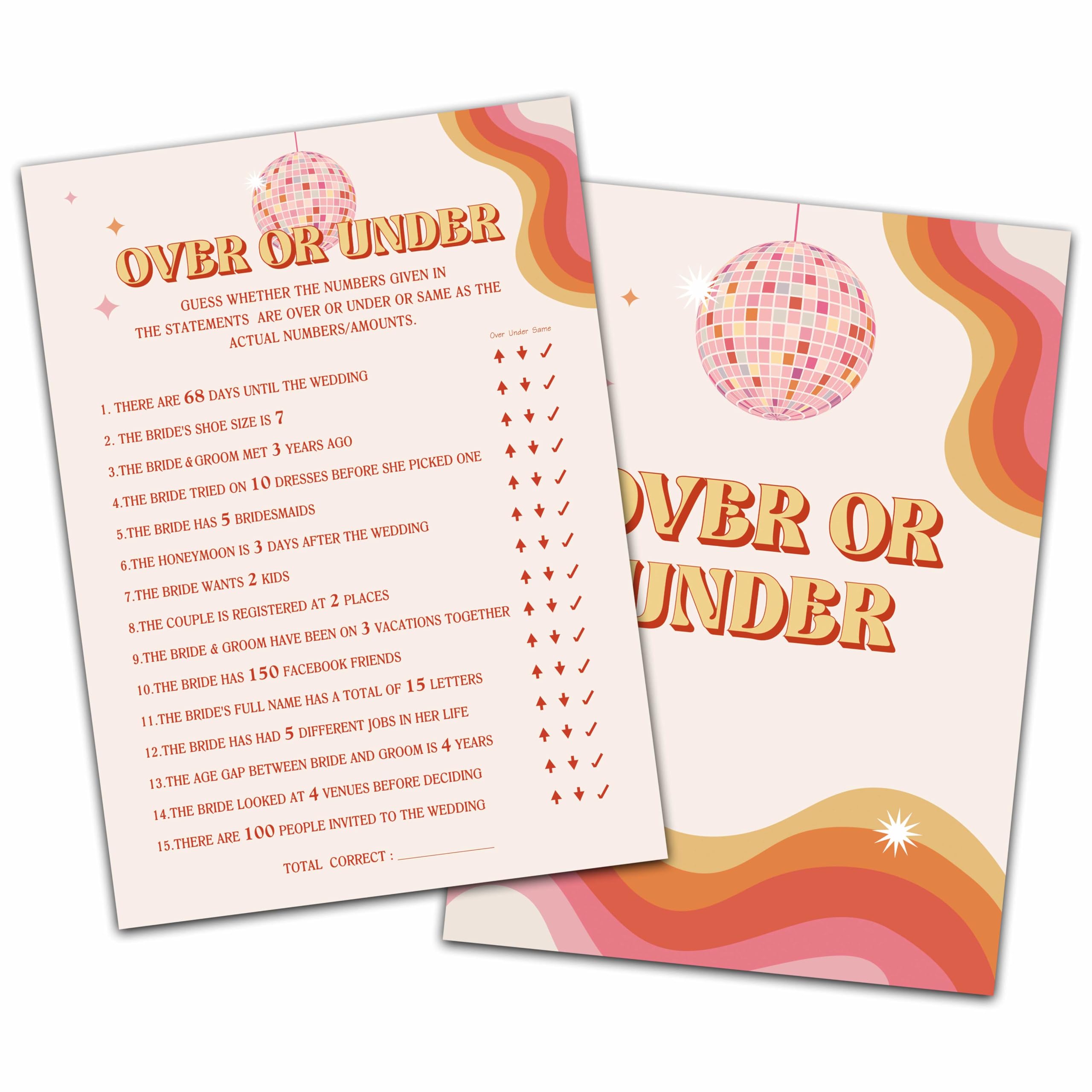 Disco Wedding Shower Games, Over Or Under Bridal Shower Games Cards, Retro Bachelorette Party Game Ideas, Engagement Party Supplies & Activity, Set of 30 Cards -B02