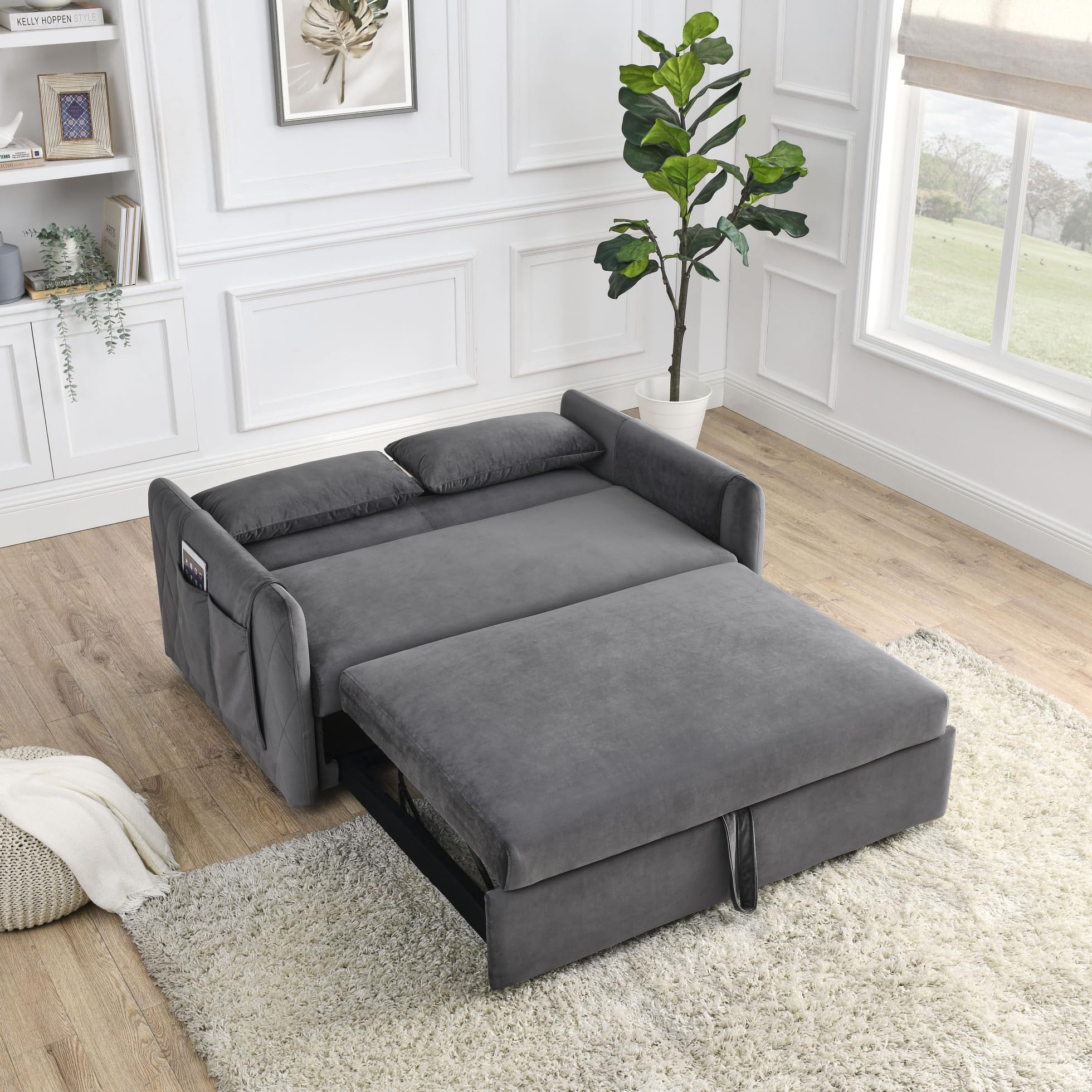 voqoomkl 3 in 1 Convertible Sleeper Sofa Bed, Folding Modern Sofa Bed with 2 Detachable Arm Pockets and Pull Out Bed, Velvet Loveseat Couch with Pillows for Living Room,Bedroom, Apartment