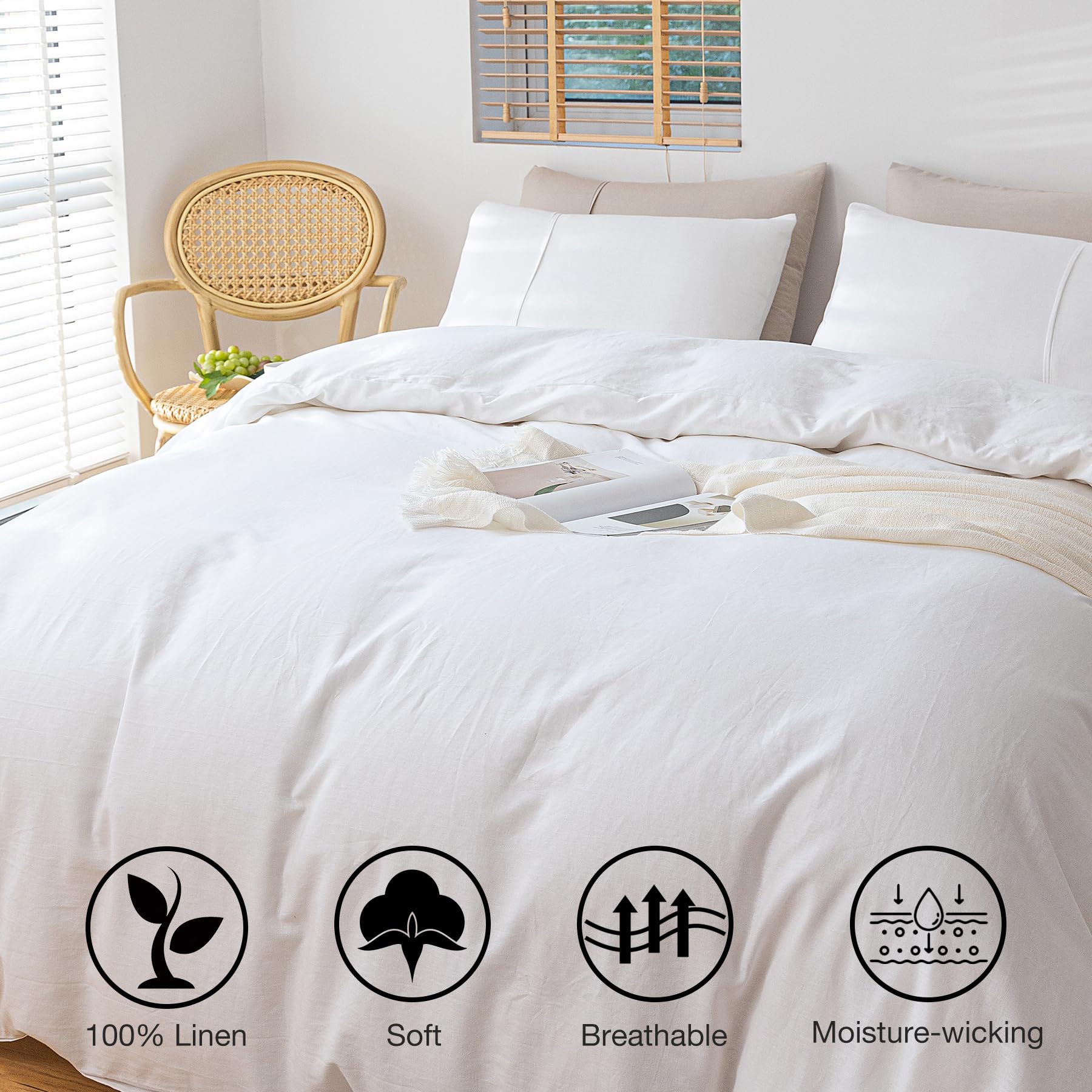 Levoo 100% Linen Duvet Cover Queen Size Pure Natural French Flax Linen Duvet Cover Soft Comfy Breathable Durable 3 Pcs Linen Bedding Set with 1 Duvet Cover Linen 2 Linen Pillowcases (Queen, White)