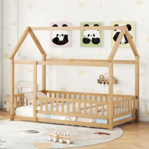 bellemave twin size house floor bed frame,wooden montessori floor bed with fence for kids,twin size kids bed,natural