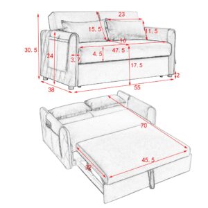 voqoomkl 3 in 1 Convertible Sleeper Sofa Bed, Folding Modern Sofa Bed with 2 Detachable Arm Pockets and Pull Out Bed, Velvet Loveseat Couch with Pillows for Living Room,Bedroom, Apartment