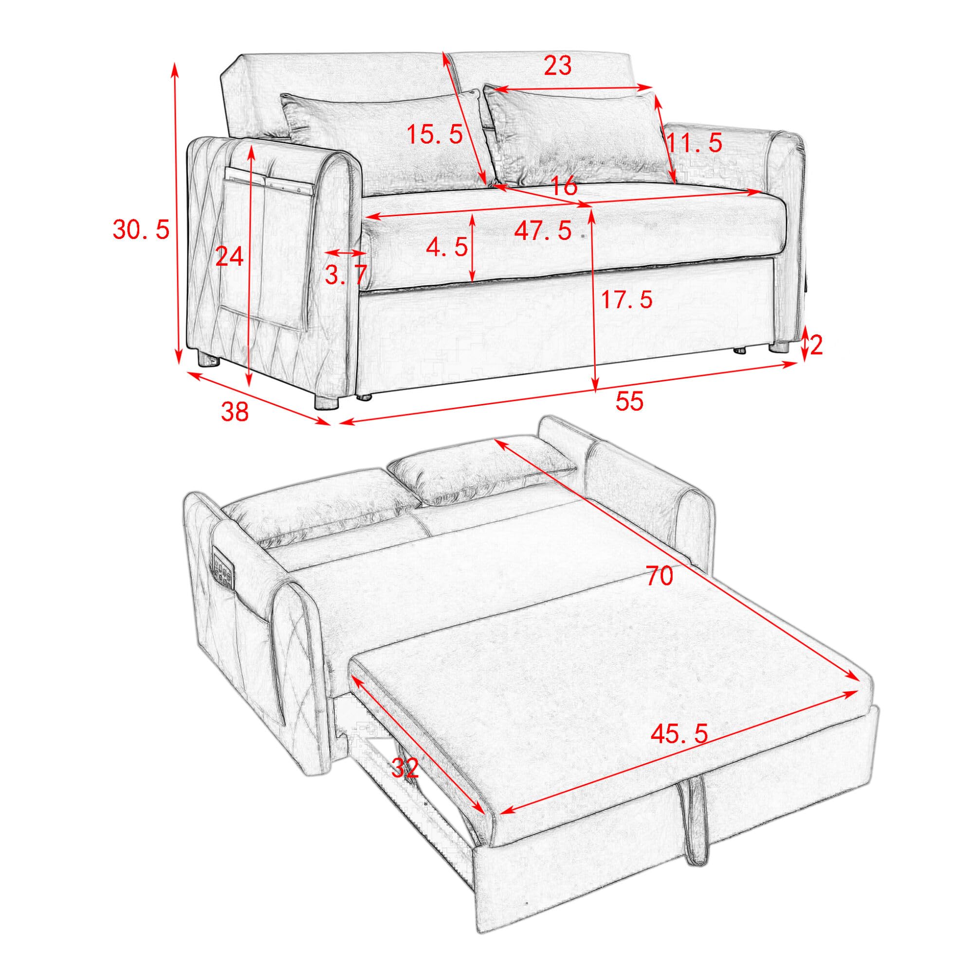 voqoomkl 3 in 1 Convertible Sleeper Sofa Bed, Folding Modern Sofa Bed with 2 Detachable Arm Pockets and Pull Out Bed, Velvet Loveseat Couch with Pillows for Living Room,Bedroom, Apartment