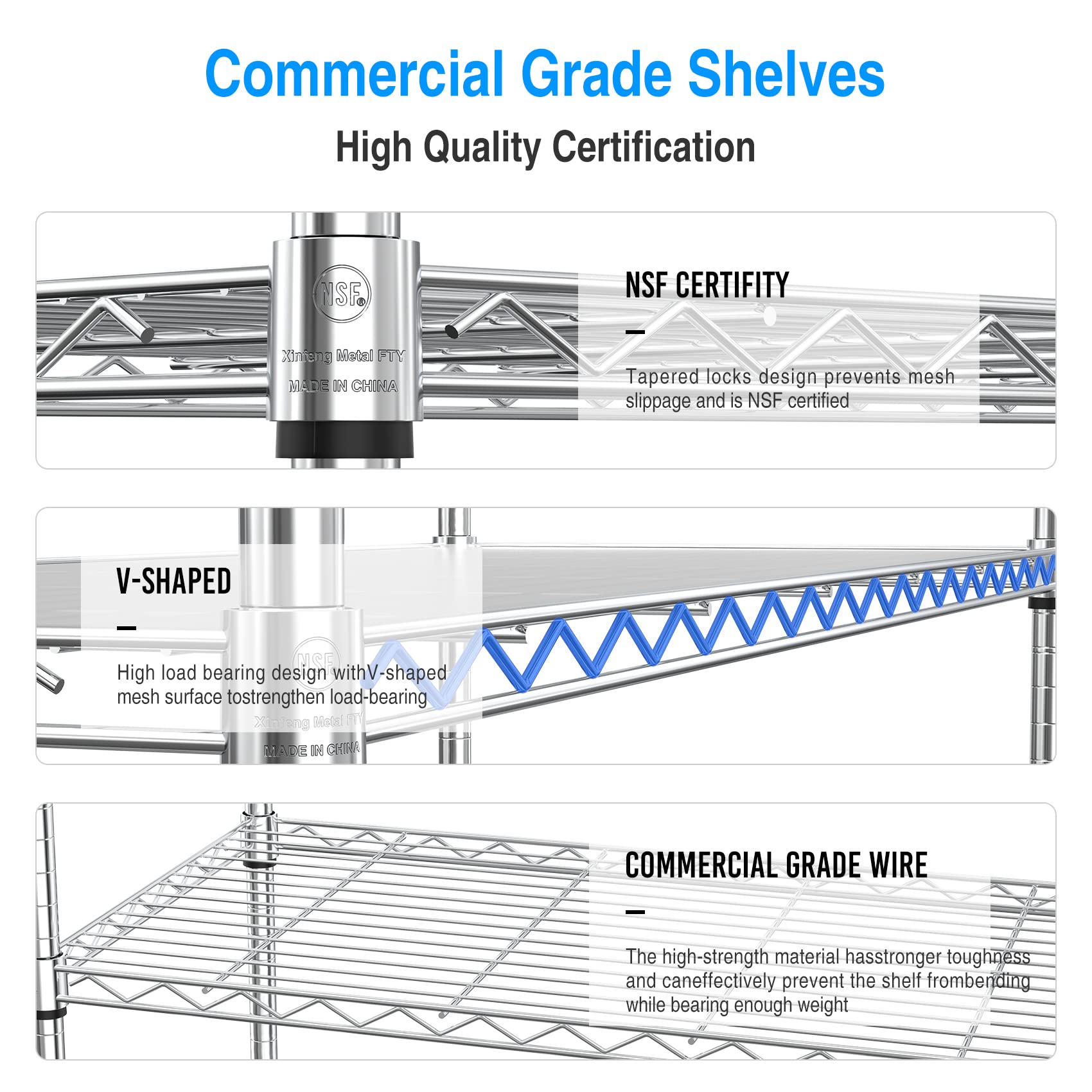 pouseayar 3-Tier Wire Shelving Unit, NSF Metal Shelf with 1050 LBS and Adjustable Storage Shelves, Heavy Duty Steel Organizer Wire Rack for Garage/kitchen/Office 48" H x 48" L x 18" D - Chrome