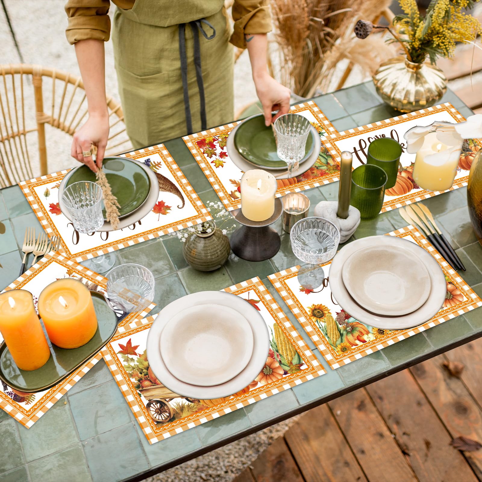 Thanksgiving Placemats Set of 6 Thanksgiving Day Plastic Table Mats Welcome Fall Place Mats Washable Vinyl Rustic Holiday Table Decoration for Indoor Outdoor Autumn Party Kitchen Dining Table