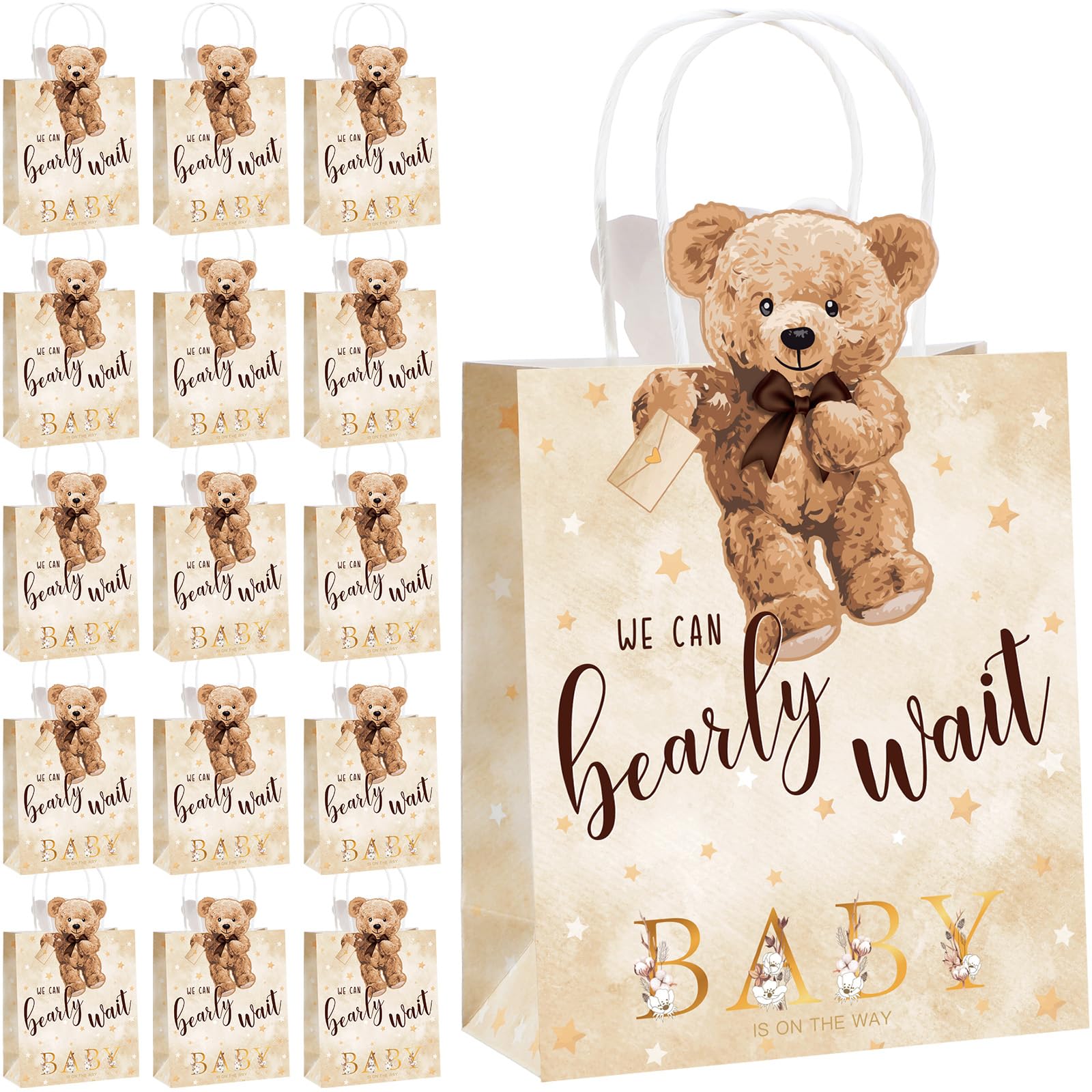 Tinlade 16 Pcs Teddy Bear Baby Shower Bags Paper Bear Party Bags with Handles We Can Bearly Wait Baby Shower Decorations Bear Baby Shower Favor Bags for Guests presents Supplies