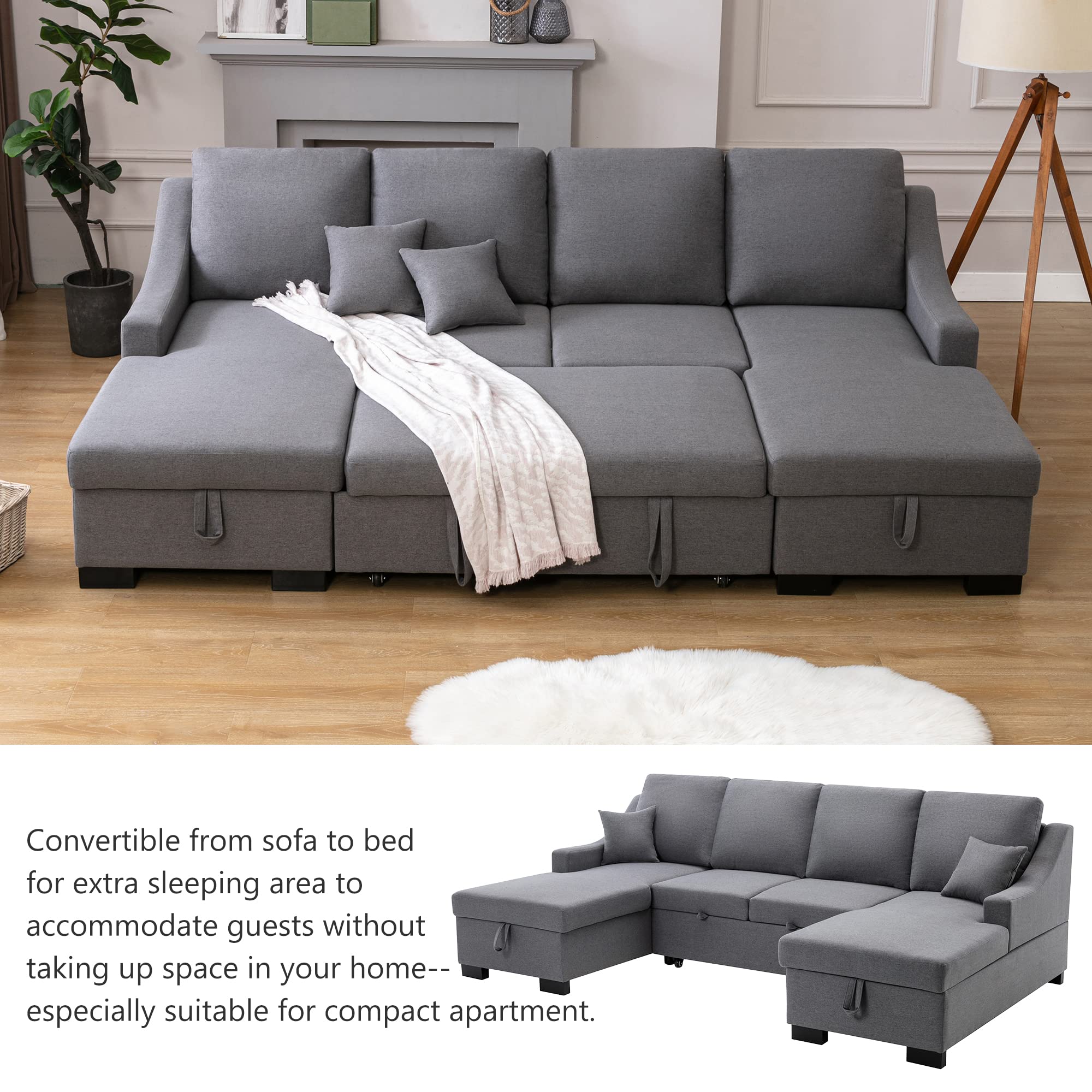 LUMISOL U Shape Sleeper Sectional Sofa, Convertible Sofa Bed with Double Storage Chaise, Modern Upholstered Sofa Couch with Pull Out Sofa Bed and 2 Tossing Cushions for Living Room Apartment, Grey