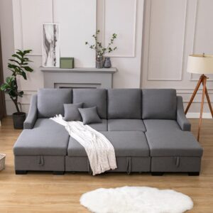 lumisol u shape sleeper sectional sofa, convertible sofa bed with double storage chaise, modern upholstered sofa couch with pull out sofa bed and 2 tossing cushions for living room apartment, grey