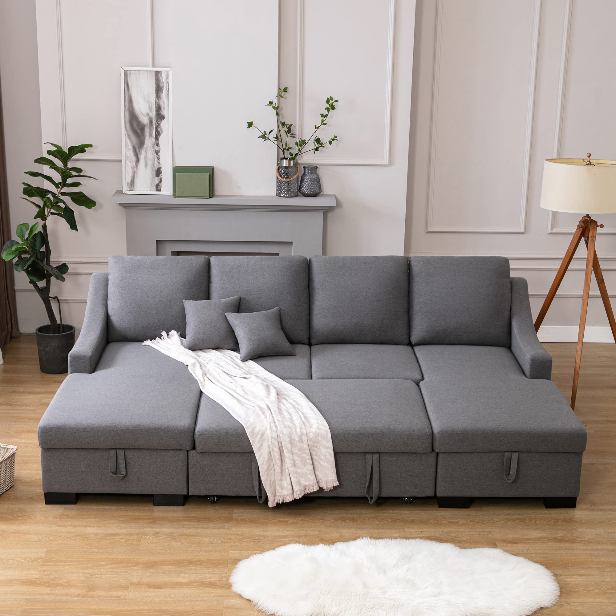 LUMISOL U Shape Sleeper Sectional Sofa, Convertible Sofa Bed with Double Storage Chaise, Modern Upholstered Sofa Couch with Pull Out Sofa Bed and 2 Tossing Cushions for Living Room Apartment, Grey