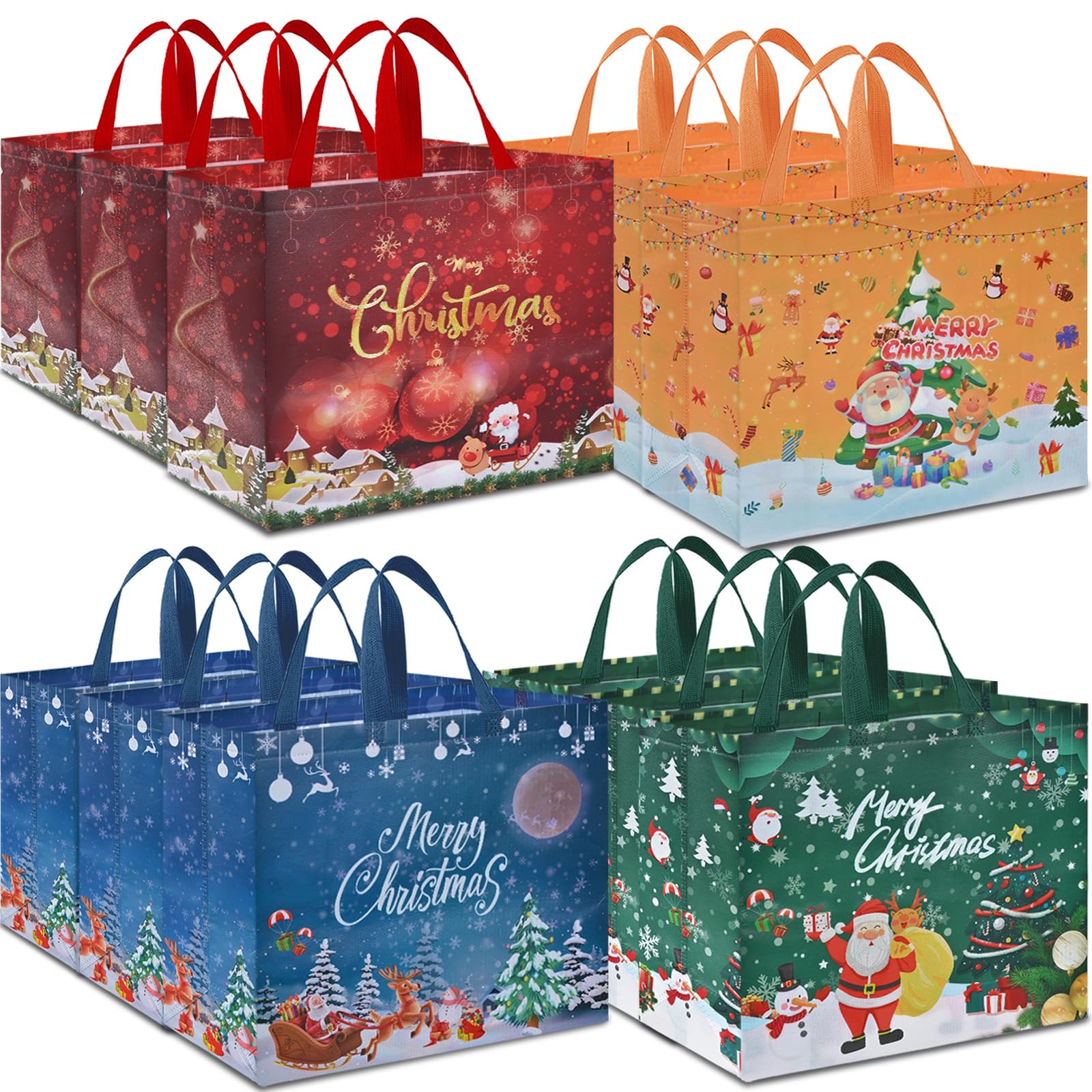 AhfuLife 12PCS Extra Large Christmas Gift Bags, 15.7'' x 14.2''x 5.9'', Christmas Tote Bags with Handles, Reusable Non-woven Christmas Shopping Bags for Xmas's Party Supplies New Year Decorations