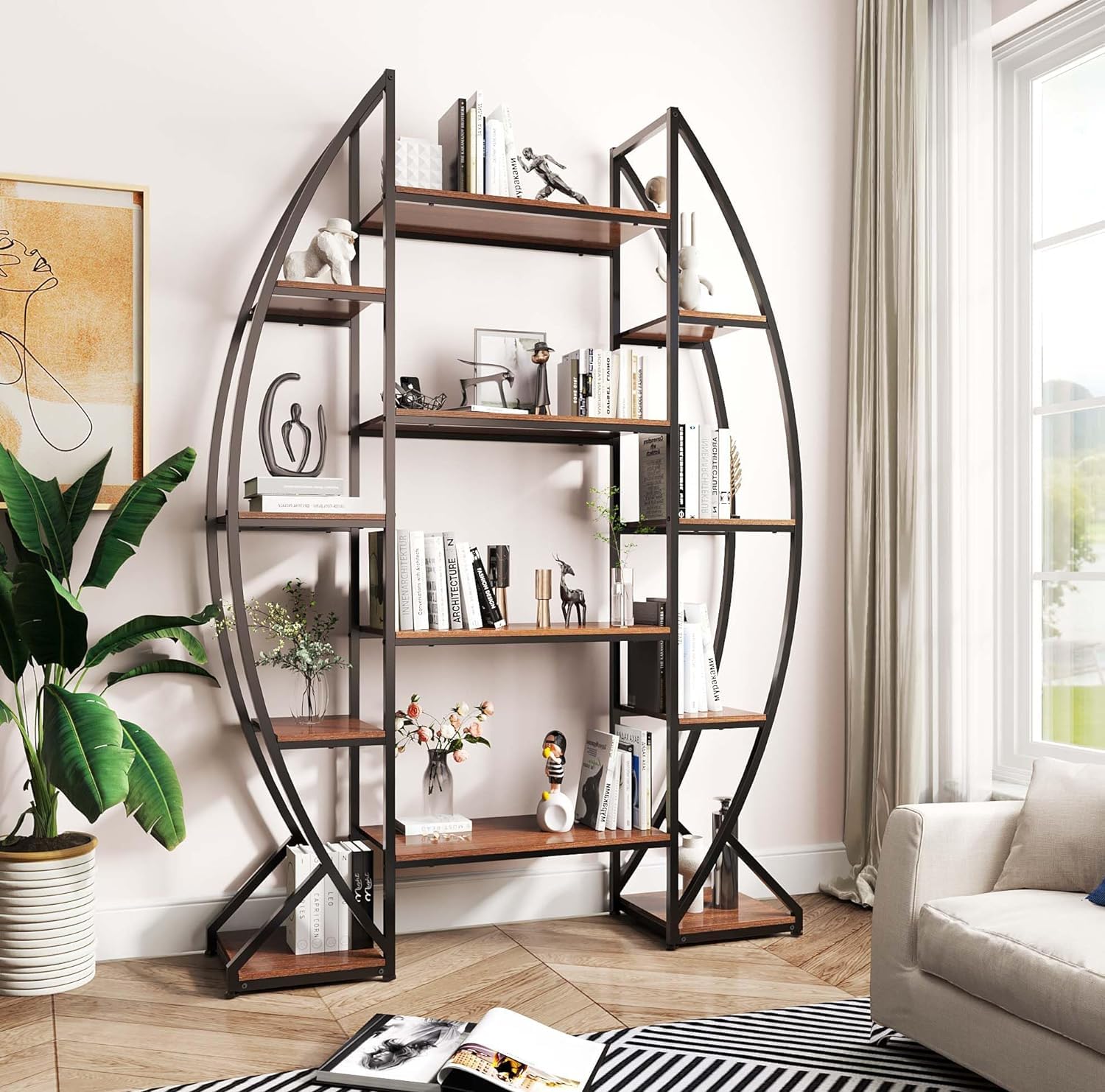 Moozerka Large Oval Bookshelf, 70“ Tall Open 5 Tier Industrial Bookcases, Modern Etagere Bookcase Furniture, Wall Units for Living Room, Bookshelves Display Shelves for Office