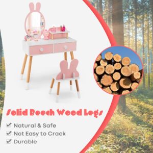 HONEY JOY Kids Vanity, Rabbit Themed Toddler Wooden Makeup Table and Chair Set w/2 Large Drawers, Beech Wood Legs, Princess Dressing Beauty Table, Girls Vanity Set with Mirror and Stool (Pink)