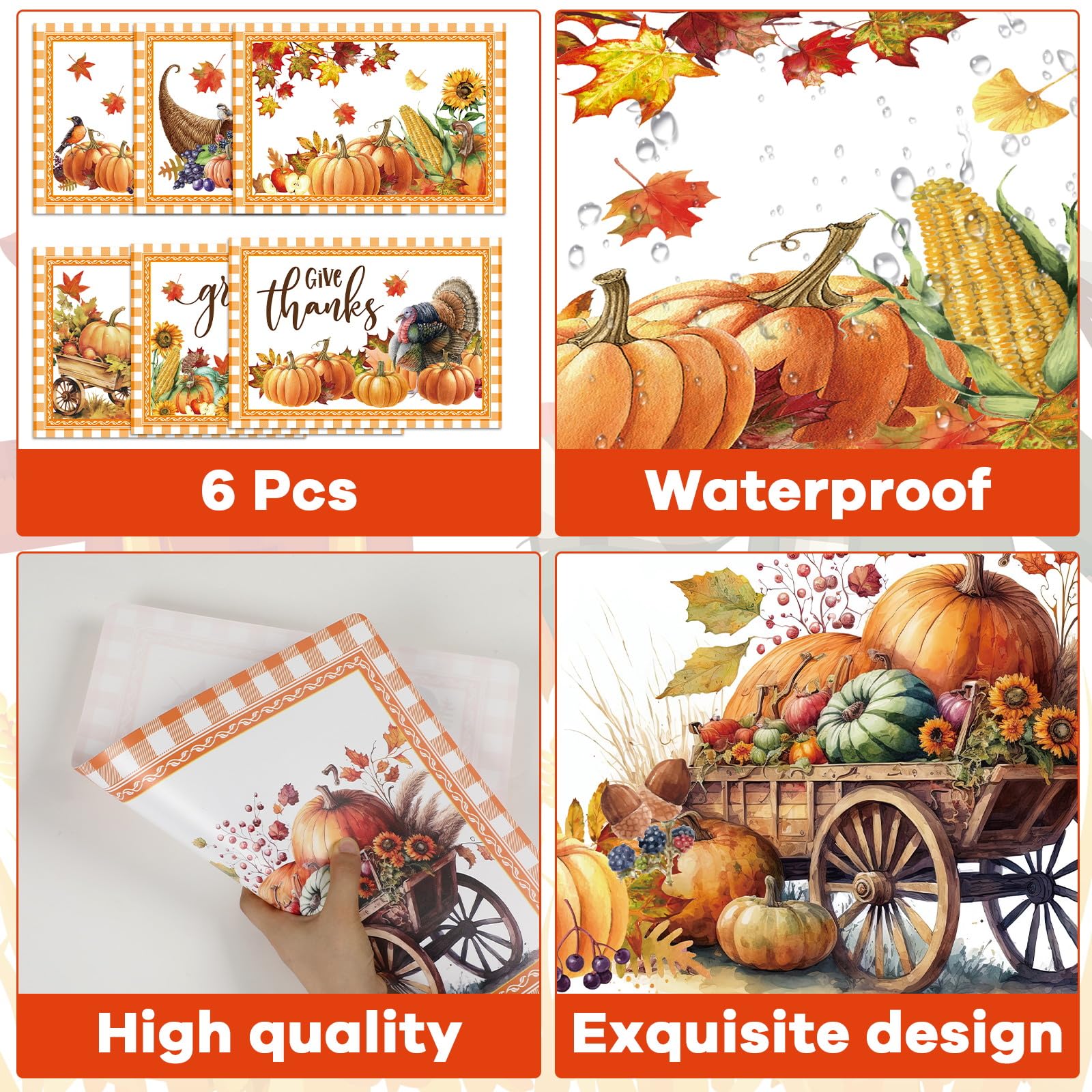 Thanksgiving Placemats Set of 6 Thanksgiving Day Plastic Table Mats Welcome Fall Place Mats Washable Vinyl Rustic Holiday Table Decoration for Indoor Outdoor Autumn Party Kitchen Dining Table