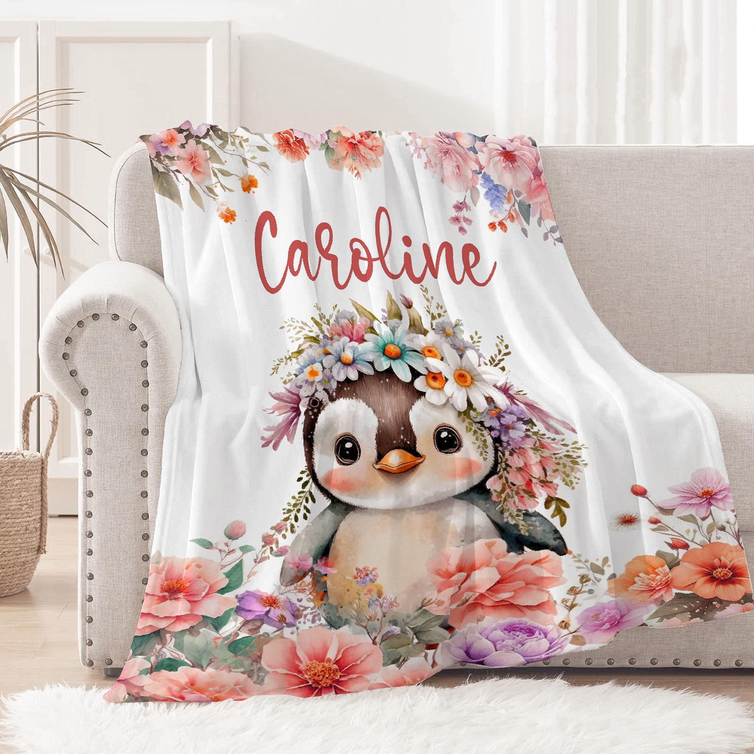 Custom Baby Name Penguin Blanket Soft Flannel Fuzzy Warm Plush Lightweight Throw for Couch Sofa Bed Office Camping Good Gift for Kid Boy Girl Teen 40''x 50'' for Kids/Child