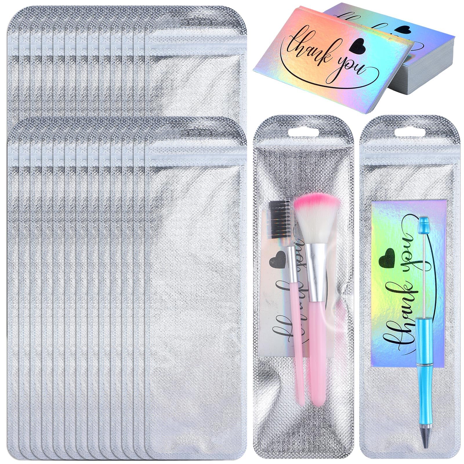 Yeaqee 200 Pcs Resealable Pouch Bags with Thank You Cards 100 Pcs Pen Bags Window Disposable Packaging Bags for Jewelry Food 100 Pcs Holographic Thank You Greeting Cards for Thanksgiving Gift