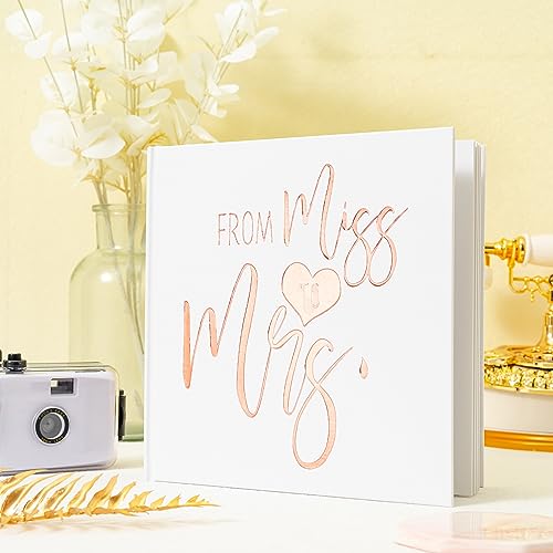 Calculs Rose Gold Bachelorette Party Sign in Book Bridal Shower Guest Book 'from miss to mrs' Picture Book Polaroid Blank Pages for Instant Film 8.5” Square White Cover Rose Gold Foil Stamping