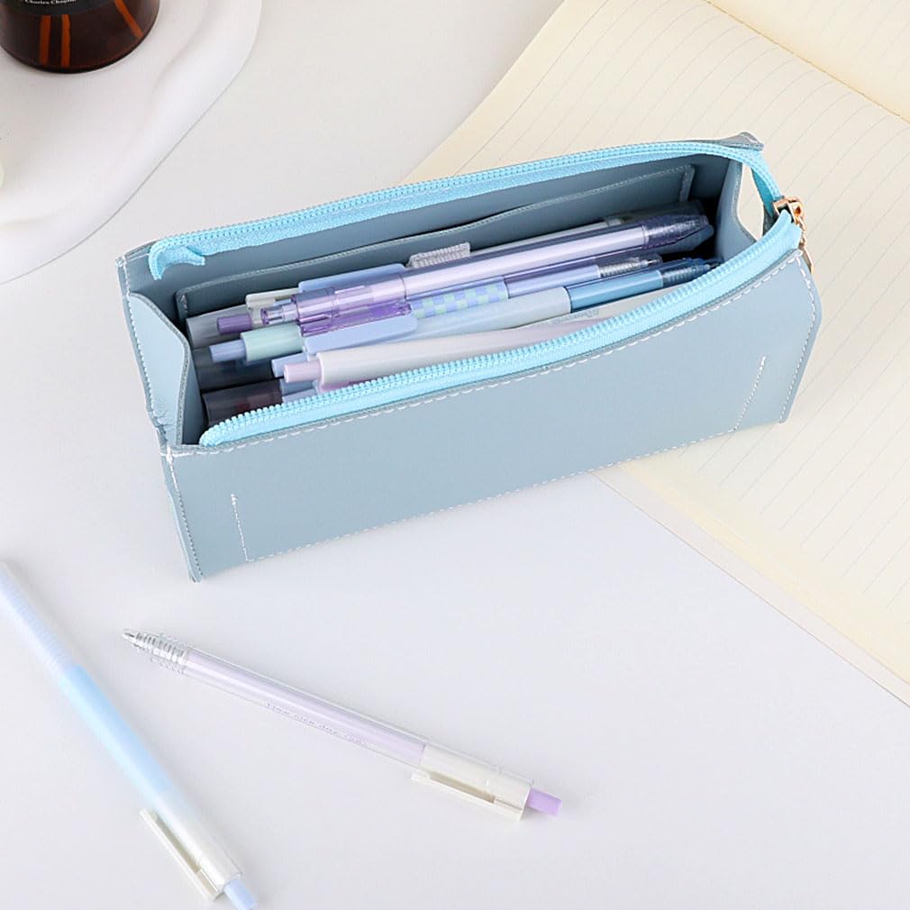 iSuperb Leather Pencil Pouch PU Pencil Case with Zipper Pen Bag Make Up Cosmetic Pouch for Office Travel (Blue)