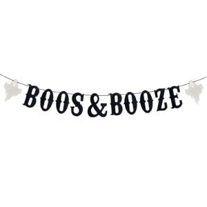 black halloween boos & booze banner, black glittery halloween party banner for hocus pocus party decorations, halloween bachelorette party decorations,boos and booze decor