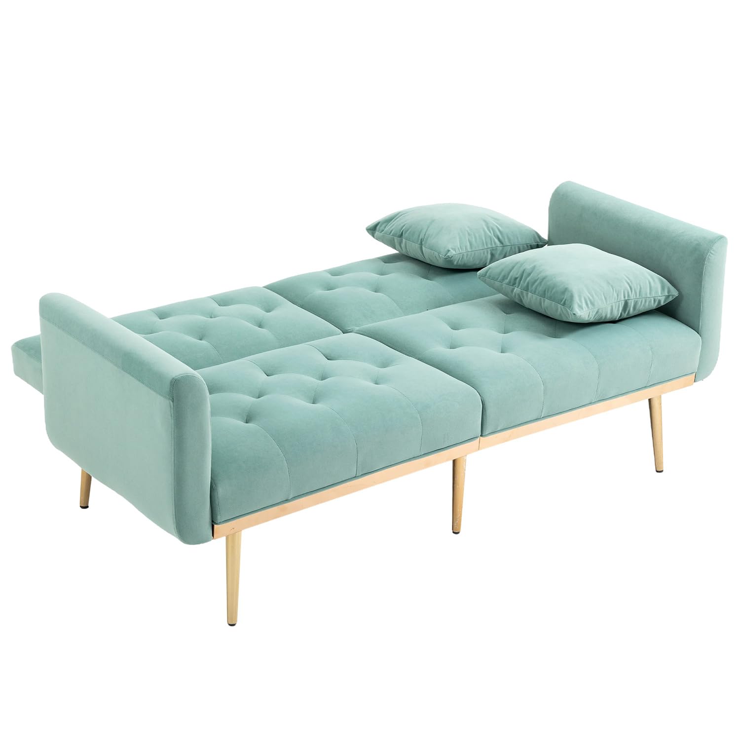 Convertible Futon Sofa Bed, 65 Inch Modern Velvet Tufted Upholstered Accent Loveseat Sofa with 2 Pillows and Adjustable Backrest Folding Sleeper Sofa Bed with Metal Legs for Living Room, Mint Green